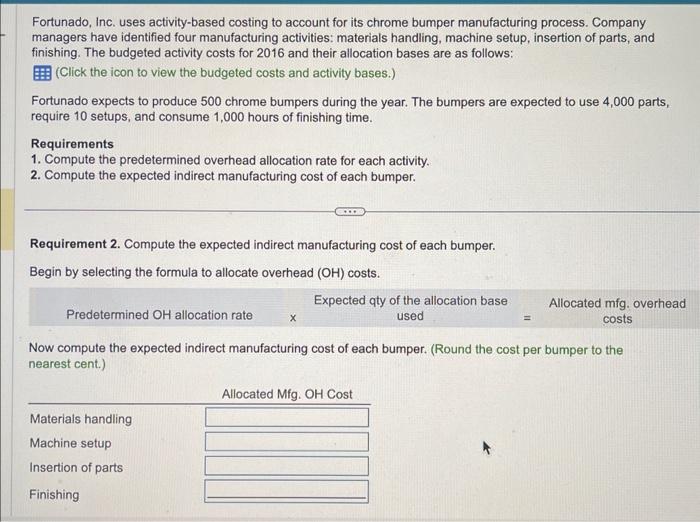 Solved Fortunado, Inc. uses activity-based costing to | Chegg.com