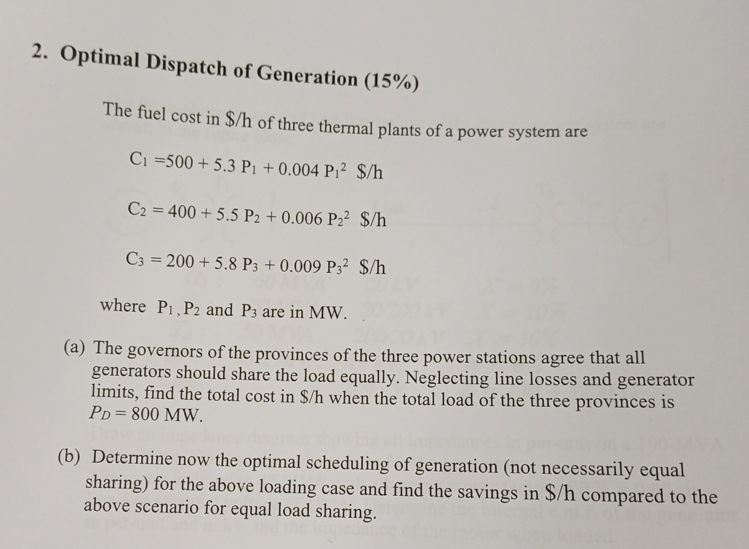 Optimal Dispatch of Generation ( 15%The fuel cost in | Chegg.com
