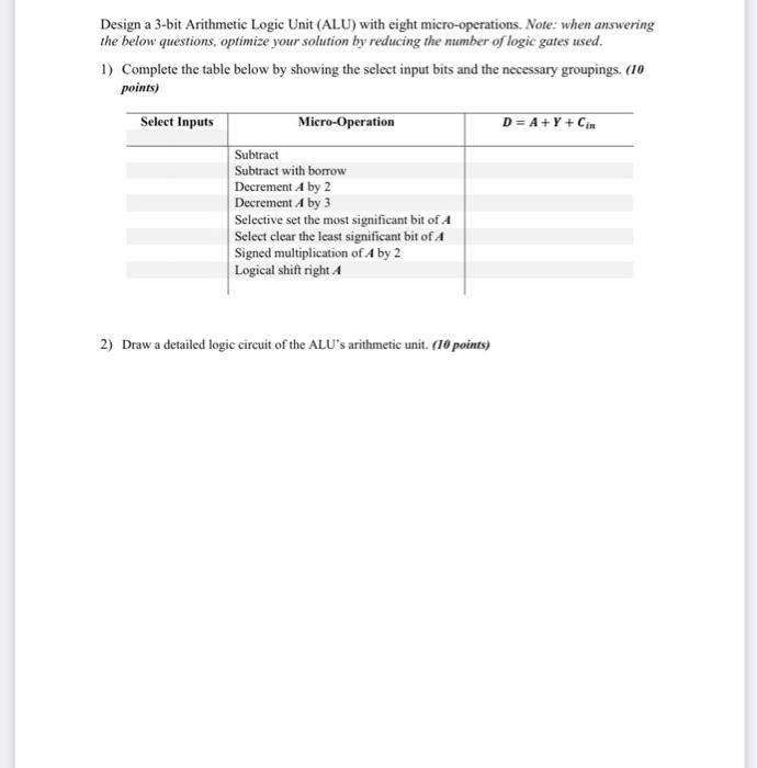 Solved Design a 3-bit Arithmetic Logic Unit (ALU) with eight | Chegg.com