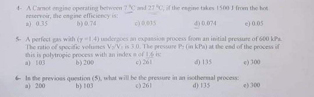 Solved 4- A Carnot engine operating between 7∘C and 27∘C, ir | Chegg.com