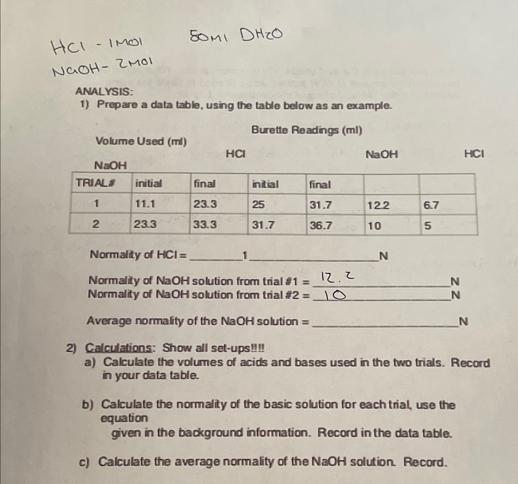 Solved HCl - 1MOl,50MIDHzO2NaOH-2MOIANALYSIS:Prepare a data | Chegg.com