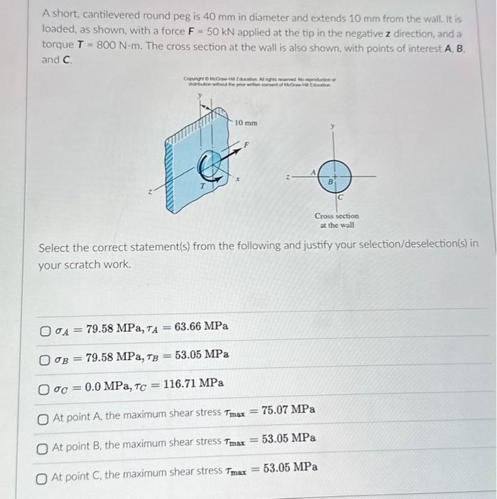 Solved A short, cantilevered round peg is 40 mm in diameter | Chegg.com