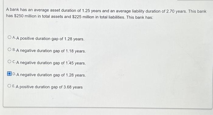 Solved A bank has an average asset duration of 1.25 years | Chegg.com