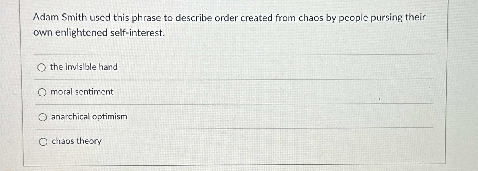 Solved Adam Smith used this phrase to describe order created | Chegg.com