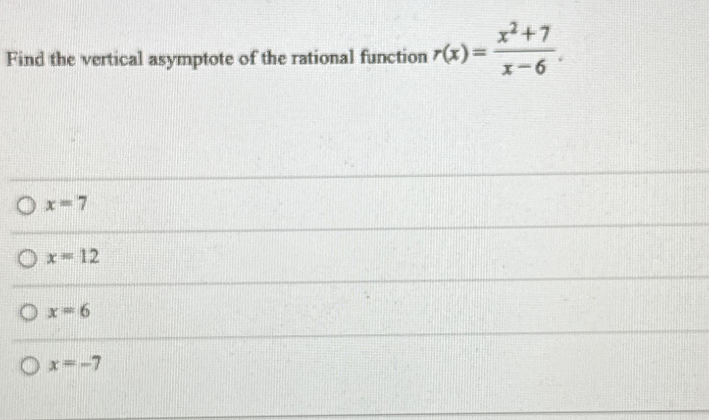 Solved Find the vertical asymptote of the rational function | Chegg.com