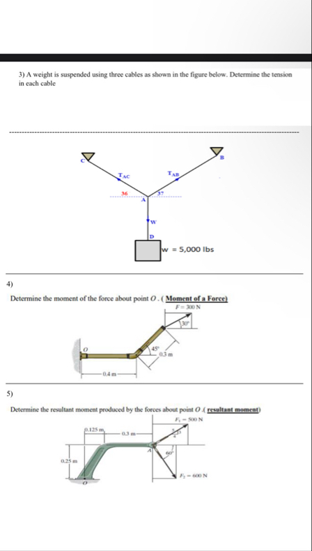 Solved A weight is suspended using three cables as shown in | Chegg.com
