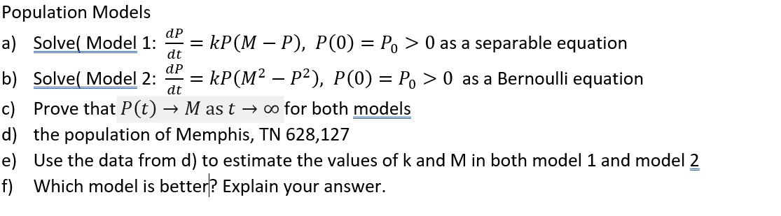 Solved Population Modelsa) ﻿Solve( ﻿Model 1: | Chegg.com