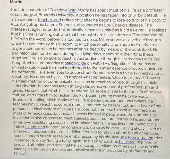 Solved This question is about the book Tuesdays with Morrie | Chegg.com
