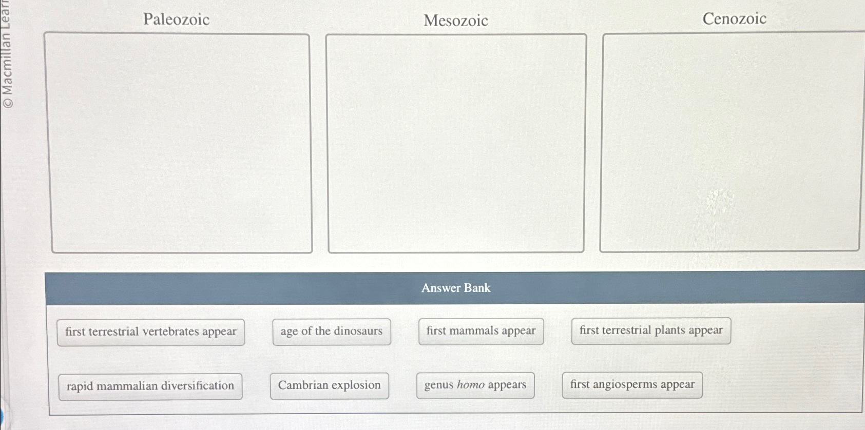 Solved PaleozoicCenozoicAnswer Bankfirst terrestrial | Chegg.com