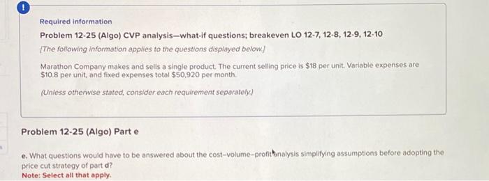 Solved Required information Problem 12-25 (Algo) CVP | Chegg.com