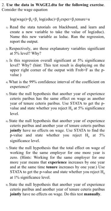Solved 2. Use the data in WAGE2.dta for the following | Chegg.com