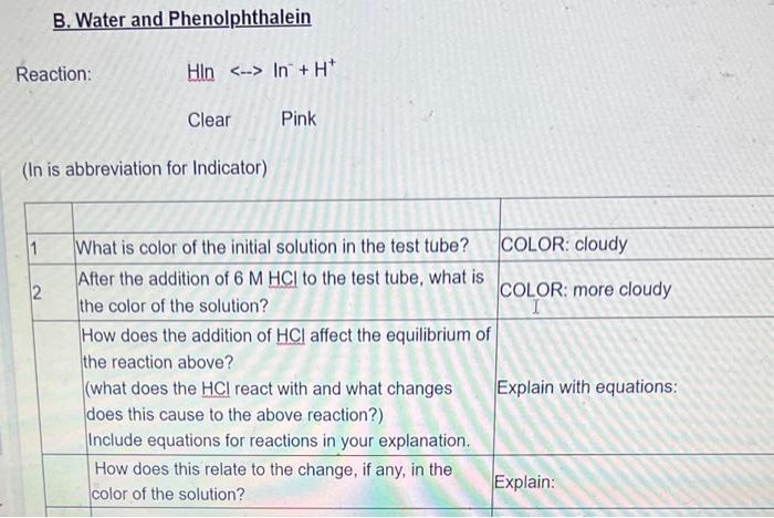 Solved B. Water and Phenolphthalein Reaction: Hln ln−+H+ | Chegg.com