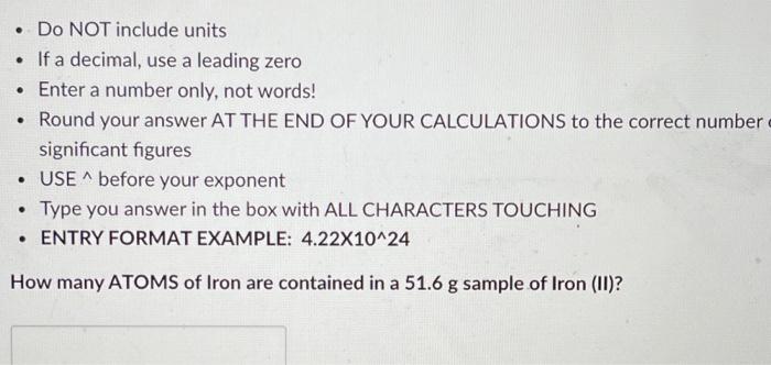 Solved • Do NOT include units • If a decimal, use a leading | Chegg.com