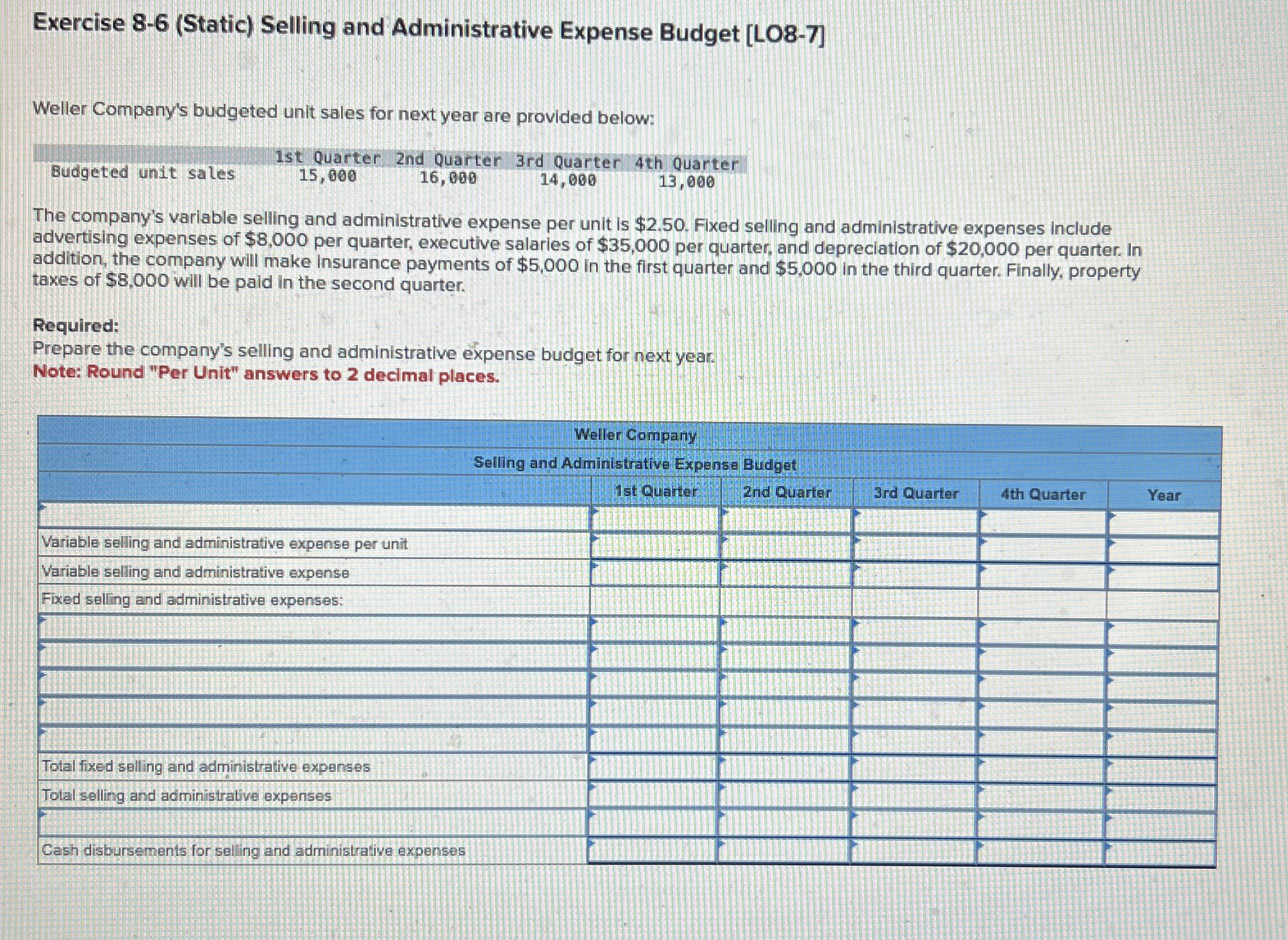 Solved Exercise 8-6 (Static) ﻿Selling and Administrative | Chegg.com