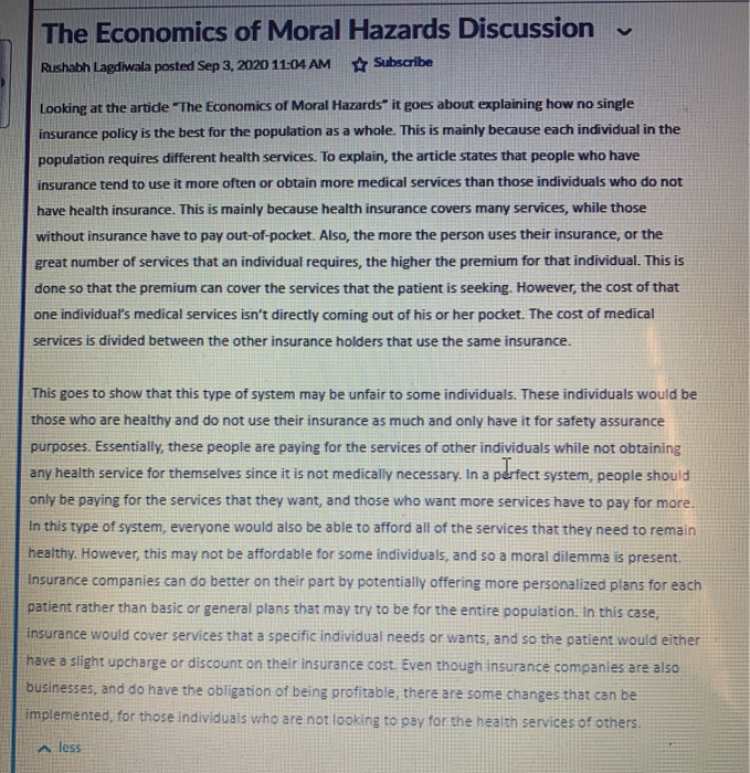 Solved The Economics of Moral Hazards Discussion Rushabh | Chegg.com