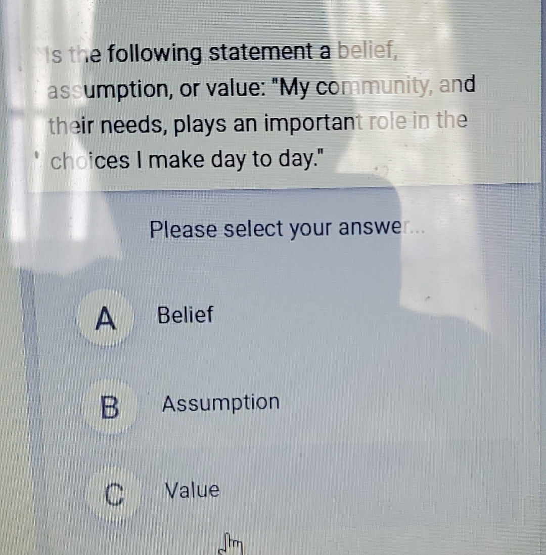 Solved Is the following statement a belief, assumption, or | Chegg.com