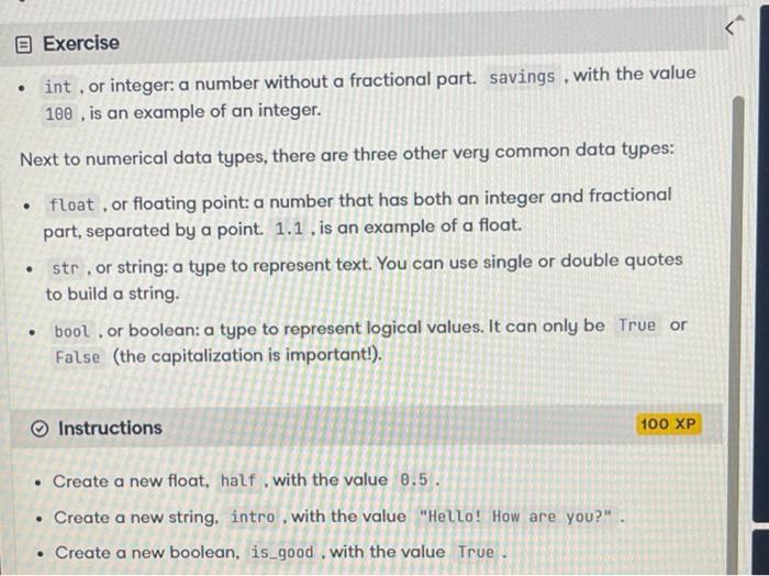 Solved Exercise - int, or integer: a number without a | Chegg.com