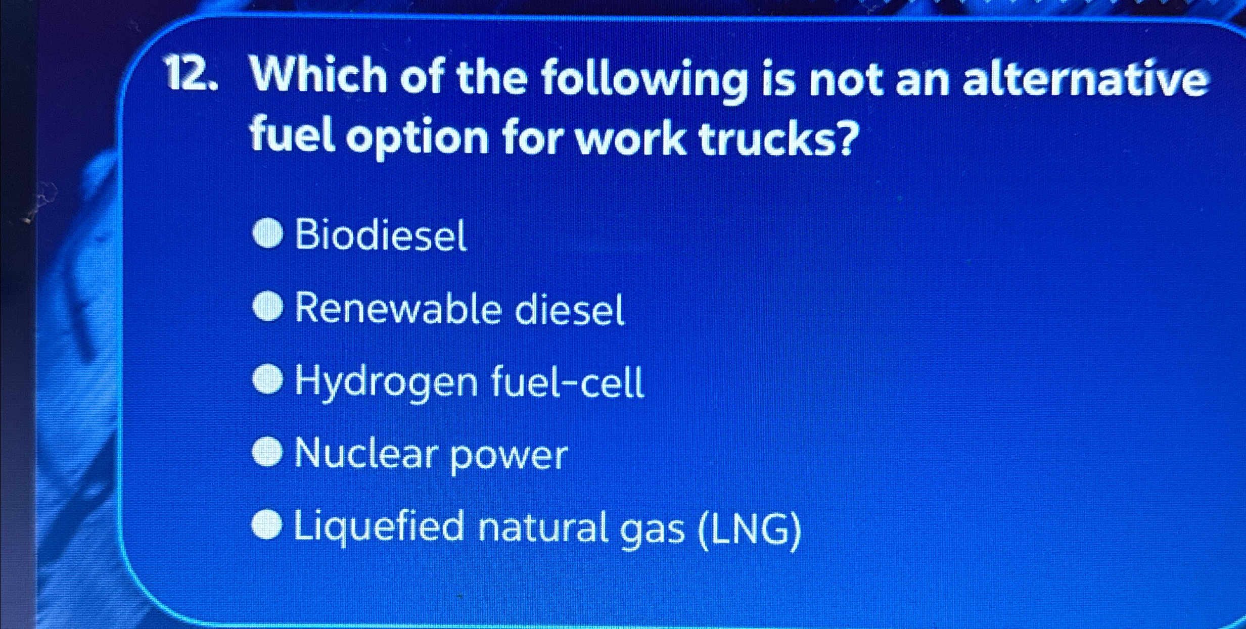 Solved Which of the following is not an alternative fuel | Chegg.com