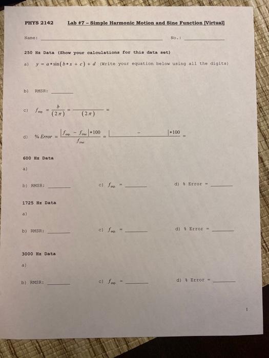 PHYS 2142 Lab #7 - Simple Harmonic Motion and Sine | Chegg.com
