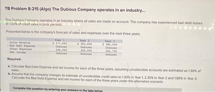 Solved TB Problem 8-215 (Algo) The Dubious Company operates | Chegg.com