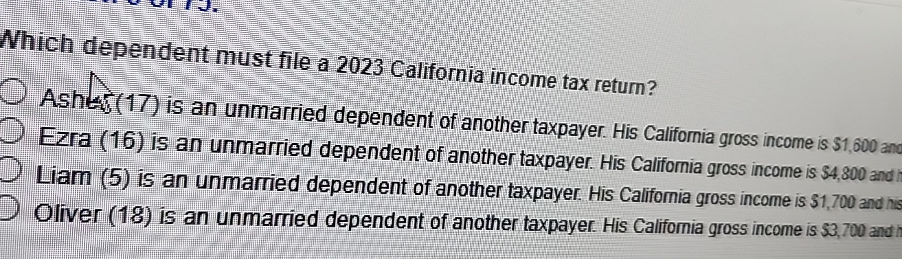 Solved Which dependent must file a 2023 ﻿California income | Chegg.com