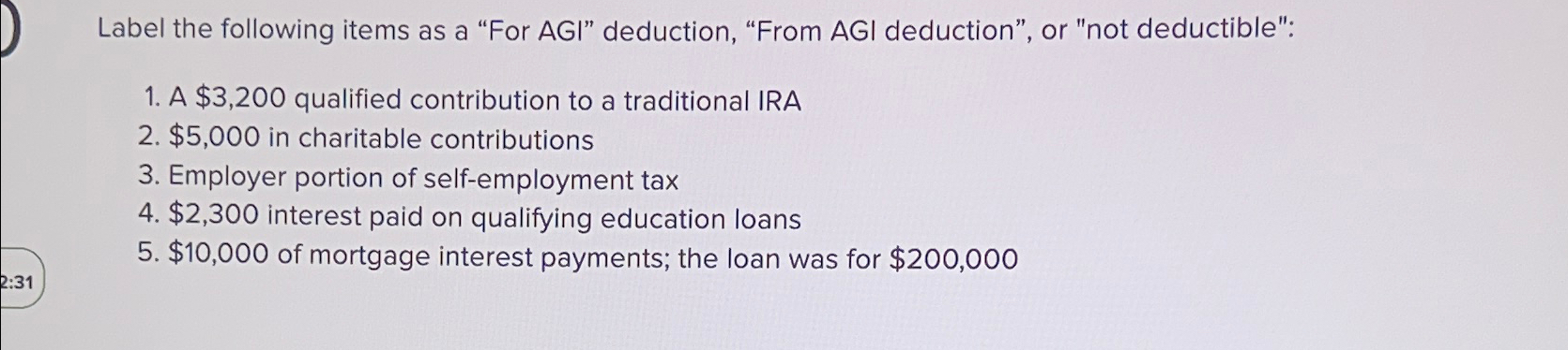 Solved Label the following items as a "For AGI" deduction, | Chegg.com