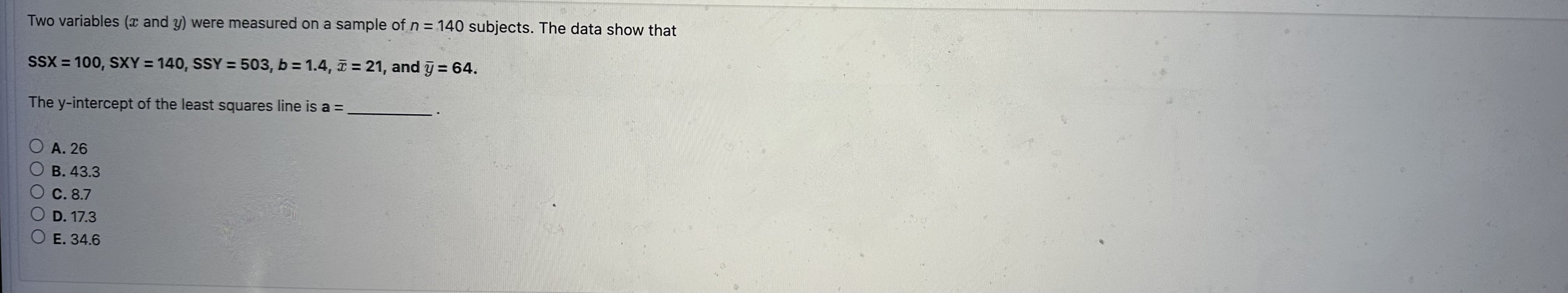 Solved Two variables (x and y) ﻿were measured on a sample of | Chegg.com