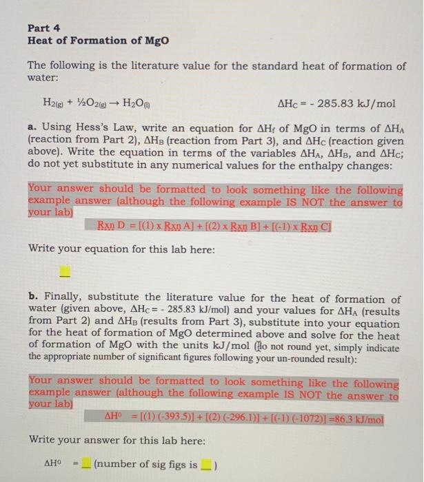 Solved Part 4 Heat of Formation of Mgo The following is the | Chegg.com