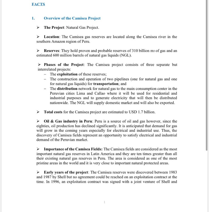 FACTS Overview of the Camisea Project The Project: | Chegg.com