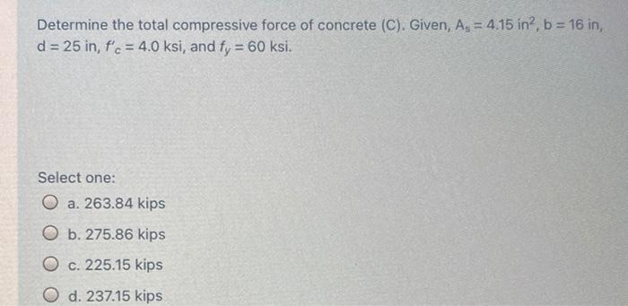 Solved Determine the total compressive force of concrete | Chegg.com