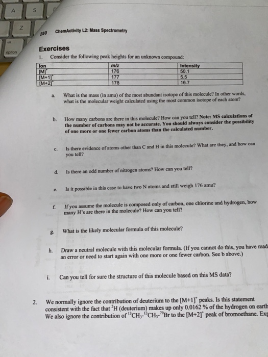 Solved ChemActivity L2: Mass Spectrometry Exercises 1. | Chegg.com