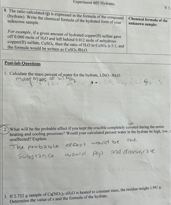 Solved 1. Calculate the mass percent of water for the | Chegg.com