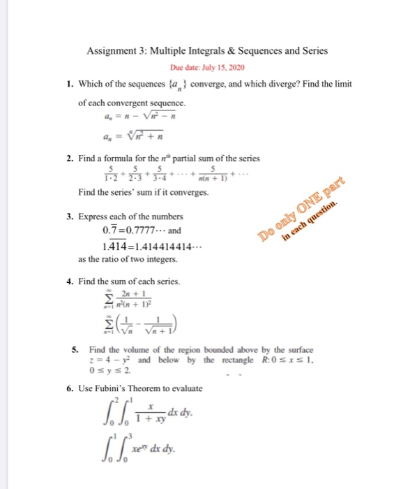 Solved Assignment 3: Multiple Integrals & Sequences and | Chegg.com