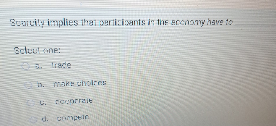 Solved Scarcity implies that participants in the economy | Chegg.com