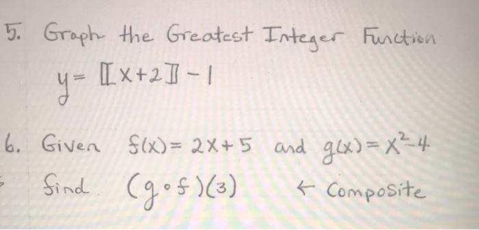 Solved 5. Graph the Greatest Integer Function [x+2] -1 y= 6. | Chegg.com