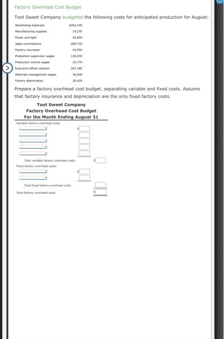 Solved Factory Overhead Cost Budget Toot Sweet Company | Chegg.com
