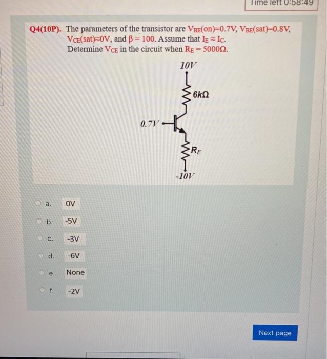 Solved Q4(10P). The parameters of the transistor are VBE( on | Chegg.com