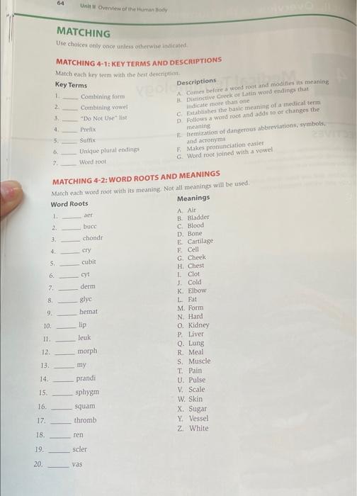 Solved 4. 6. 7. MATCHING 4-1: KEY TERMS AND DESCRIPTIONS | Chegg.com