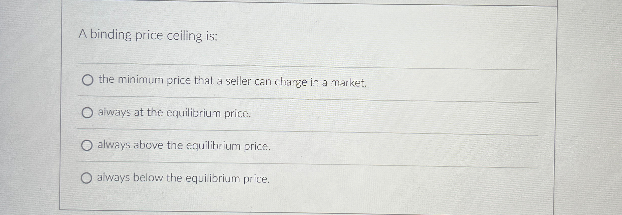 Solved A binding price ceiling is:the minimum price that a | Chegg.com