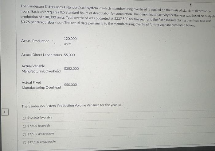 Solved The Sanderson Sisters uses a standard cost system in | Chegg.com