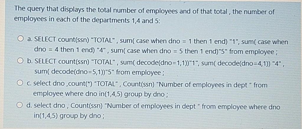 Solved The query that displays the total number of employees | Chegg.com