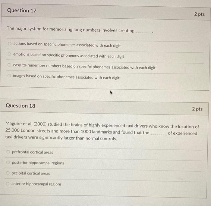 Solved Question 17 2 pts The major system for memorizing | Chegg.com