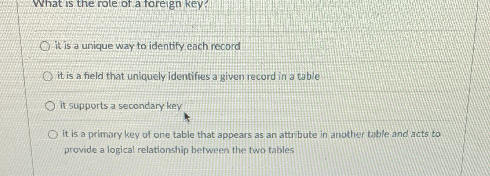 Solved What is the role of a toreign key?it is a unique way | Chegg.com