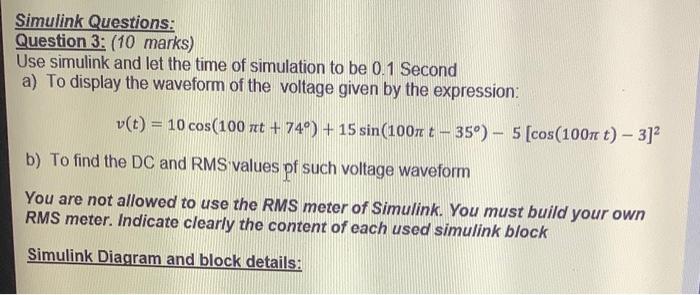 Solved Simulink Questions: Question 3: (10 marks) Use | Chegg.com