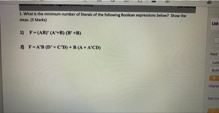 Solved 1. What is the minimum number of literals of the | Chegg.com