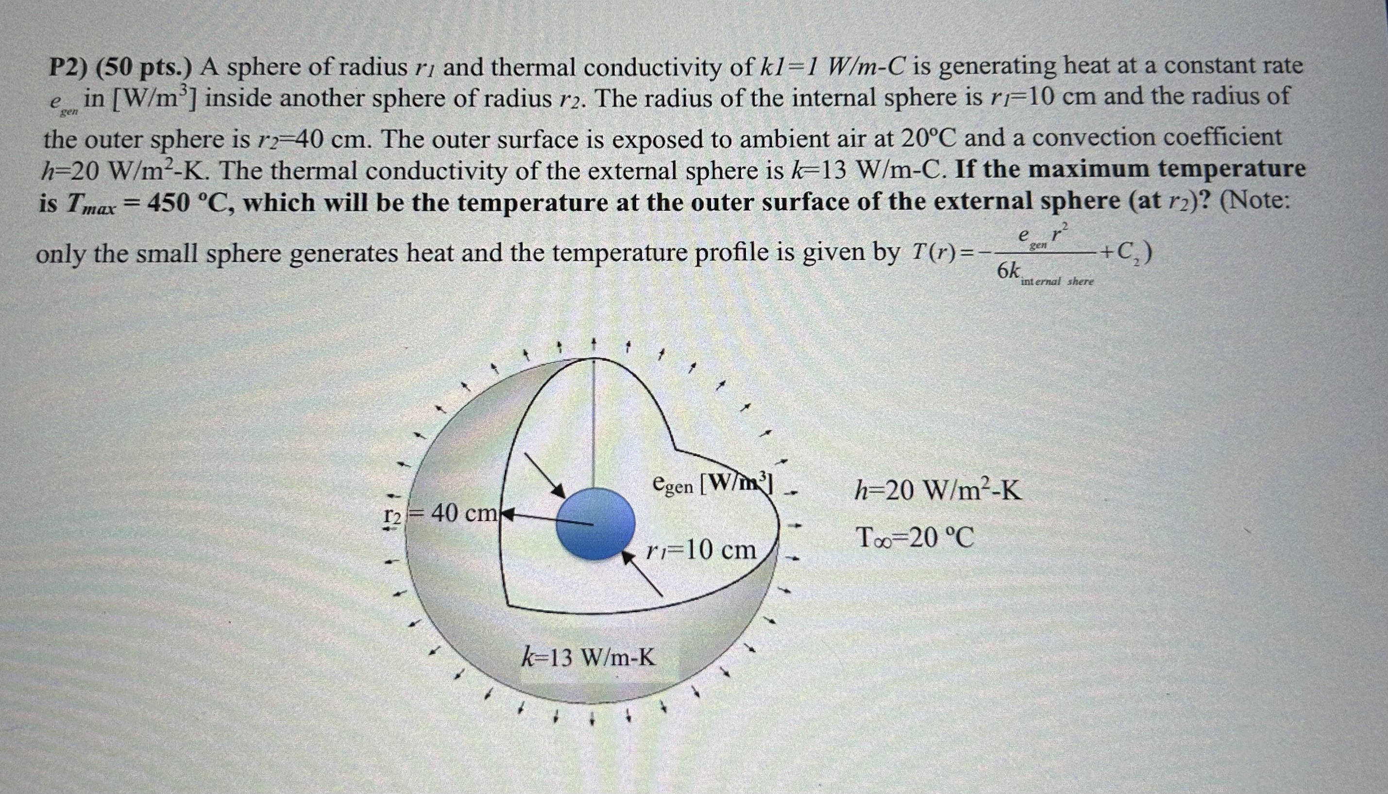 Solved P2) (50 ﻿pts.) ﻿A sphere of radius rl ﻿and thermal | Chegg.com