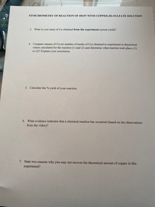 Solved STOICHIOMETRY OF REACTION OF IRON WITH COPPER (II) | Chegg.com
