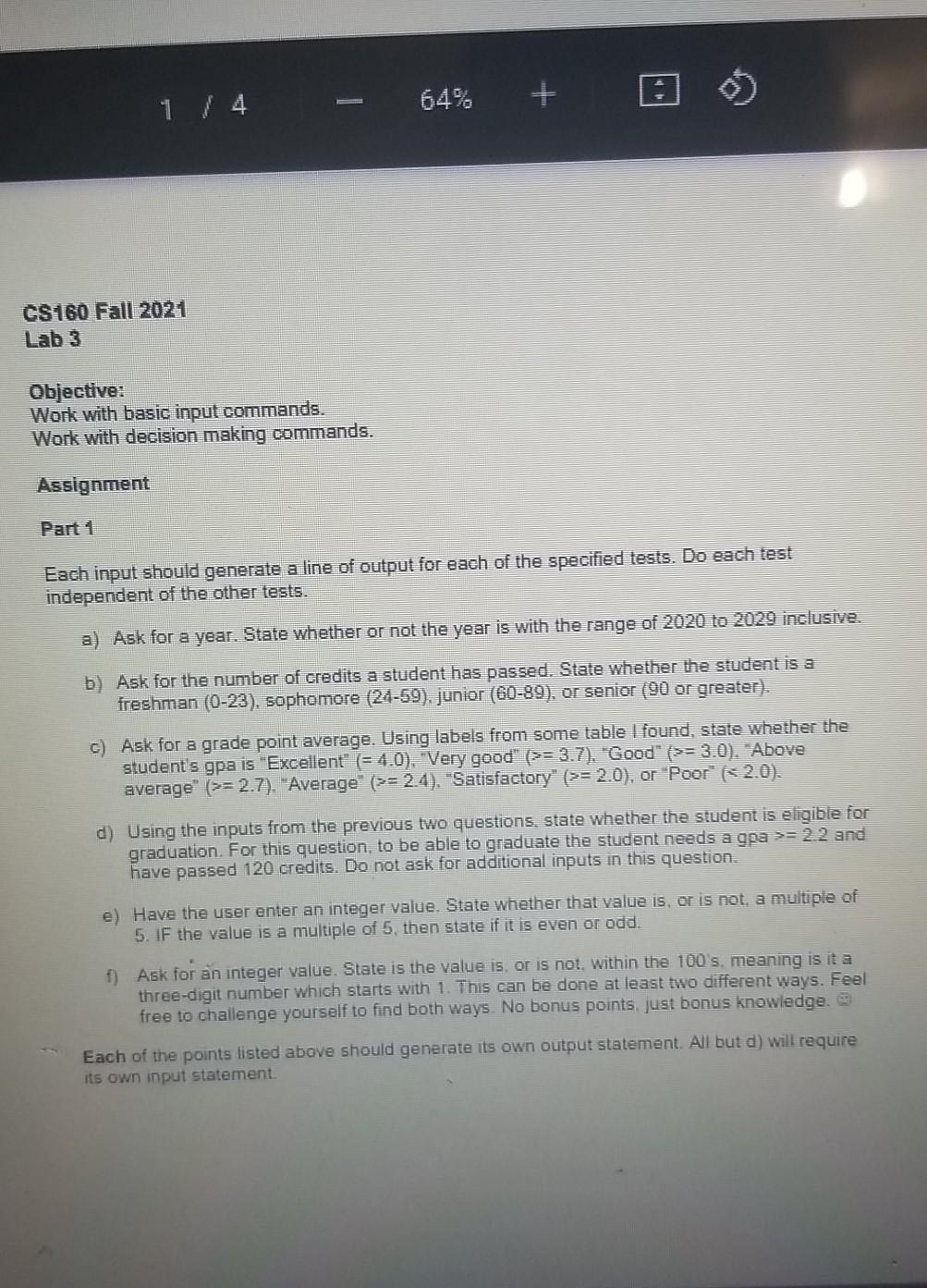Solved 1 4 64 Cs160 Fall 2024 Lab 3 Objective Work With