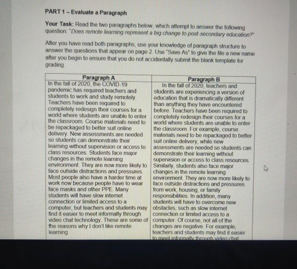 PART 1 - Evaluate a Paragraph Your Task: Read the two | Chegg.com