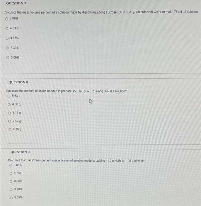 Solved QUESTION 7 Calculate the mass/volume percent of a | Chegg.com